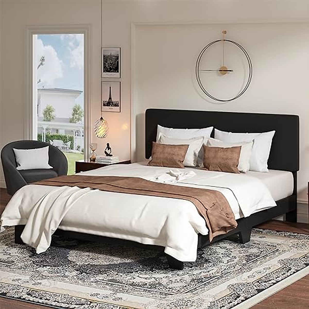 WEEWAY Queen Bed Frame Upholstered Platform Bed with Adjustable Faux Leather Headboard and Strong Wooden Slats, Heavy-Duty Mattress Foundation, No Box Spring Needed, Easy Assembly, Black