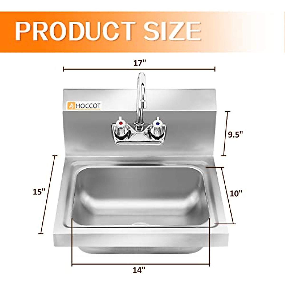HOCCOT 304 Stainless Steel Sink, Wall Mounted Commercial Restaurant Sink, Hand Washing Sink with Back Splash, Utility Sink for Restaurant, Kitchen, Bar, Outdoor, 17" x 15"