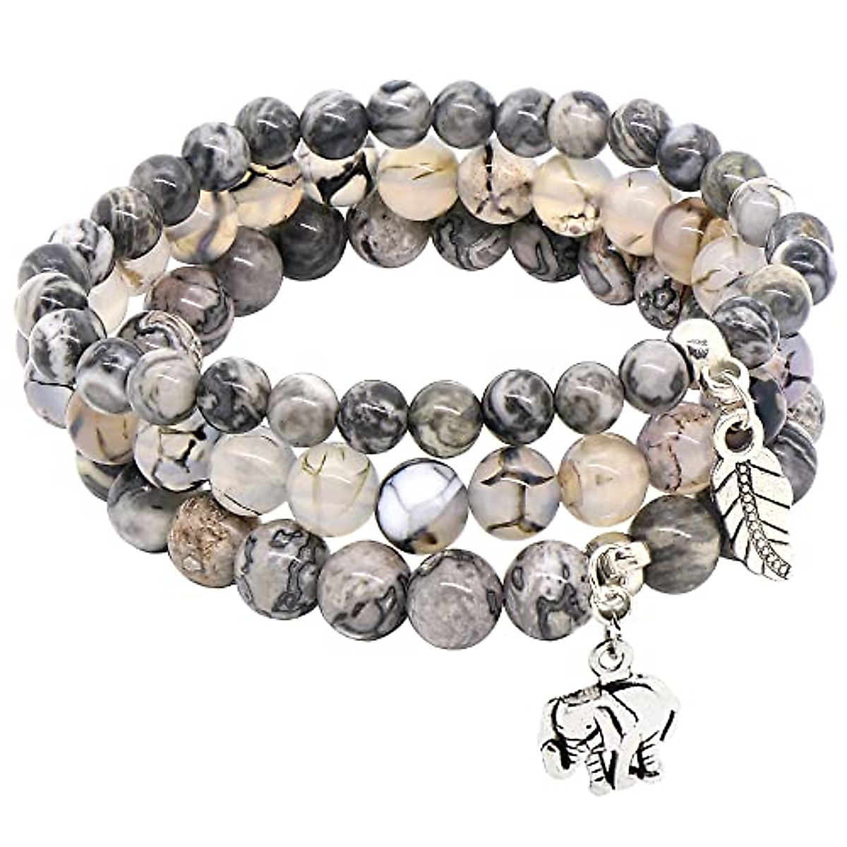 C&L Accessories Chakra Beaded Bracelets For Women Men Teens 3 Pcs Healing Bracelets Natural Gemstone Bead Ball Stretchable Bracelet Set with Elephant Leaf Pendant Charm (Gray/Dragon Vein)