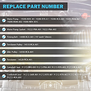 Timing Belt Kit with Water Pump for 3.0L 3.5L 3.7L 2003-2017 Honda Accord, Pilot, Odyssey, Ridgeline, Acura MDX, RDX, RL TL, TSX, ZDX - Replace # TCKWP329 TKH-002 - Timing Belt Water Pump Kit