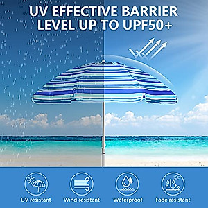 Hanekuc 6.5FT UV 50+ Beach Umbrella for Sand heavy duty wind Resistant Lightweight and Portable with Sand Anchor & Tilt Mechanism Sun Shade, Blue Green Stripe