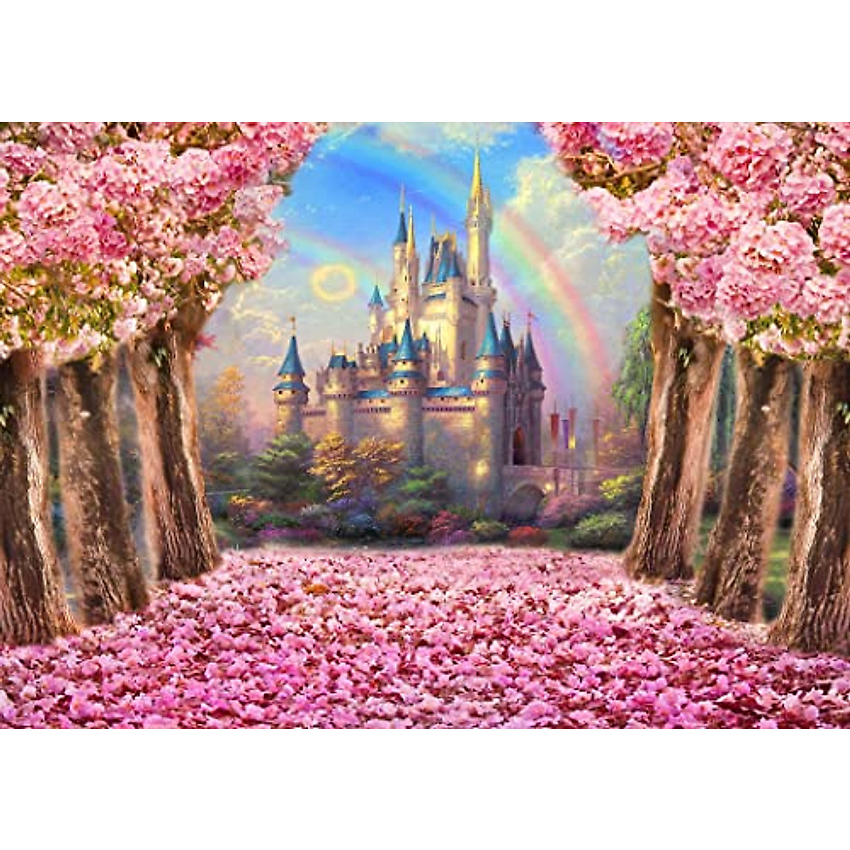 Castle Backdrop 7x5ft Spring Pink Sakura Flowers Washable Polyester Photography Background Wedding Birthday Party Princess Photo Studio Props YL058