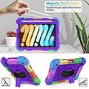 LTROP iPad Mini 6 Case 2021, iPad Mini 6th Generation Case for Kids, Heavy Duty Shockproof Cover with Pencil Holder/360 Rotating Stand/Hand Strap for iPad Mini 6th Generation 8.3 Inch 2021, Purple