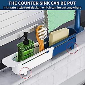 FGSAEOR Telescopic Sink Storage Rack, Adjustable Telescopic 2-in-1 Sink Shelf Rack with a Dish Cloth, Expandable Sponge Soap Holder & Dishcloth Hanger for Sink, Storage Drain Basket for Kitchen (Blue)