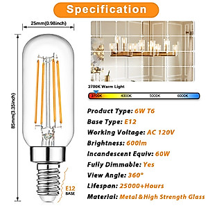 E12 Edison LED Light Bulbs 40 Watt Equivalent Candelabra, Dimmable 2700K Warm White T6 Clear LED Bulbs 4W 400lm Vintage T25 for Chandelier Ceiling Fan, Tubular Small Filament Bulbs, 6 Packs