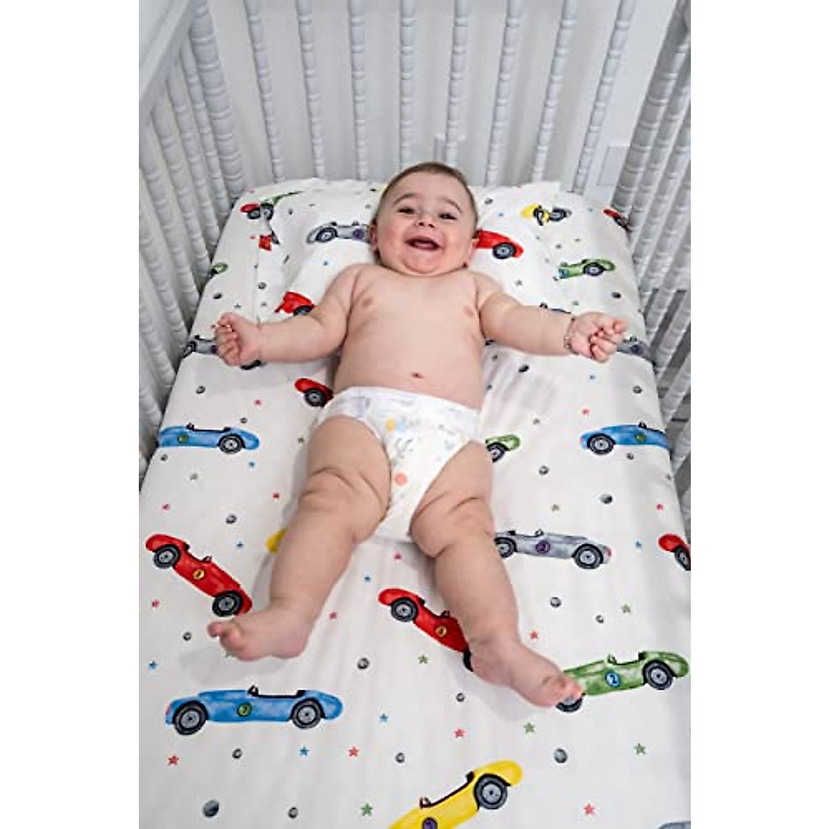 AREVENT 100% Organic Cotton Crib Sheet Set (2 Pieces)– Car Print Kids Bedding Set – GOTS Certified, Made in USA, 250 Thread Count (Crib/Toddler Sheet Set, Cars)