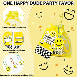 Wood Homing 72PCS One Happy Dude Birthday Party Favor for Kids Smile Face Theme Gifts Set Include Bracelet Tatto Thank You Card with Keychain and Organza One Happy Dude Party Classroom School Supplies