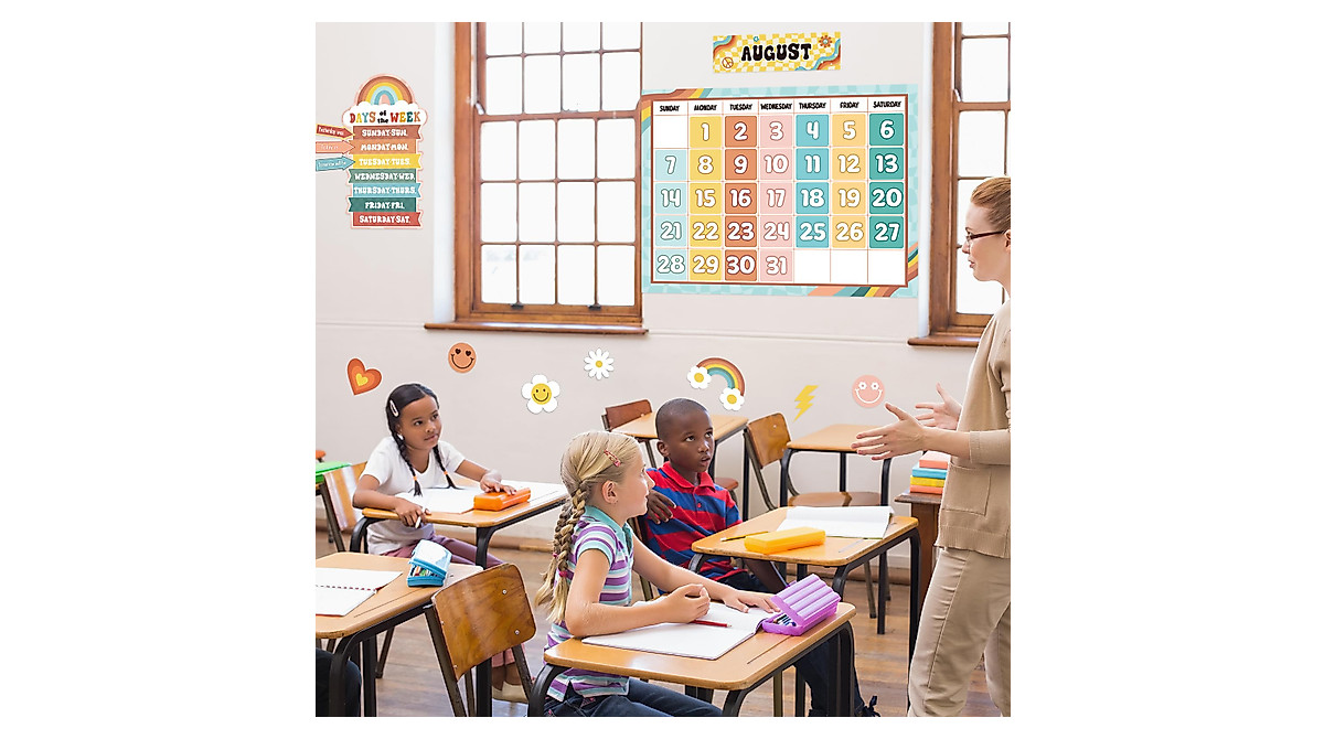 62Pcs Retro Classroom Decor: Bulletin Board Calendar & Charts