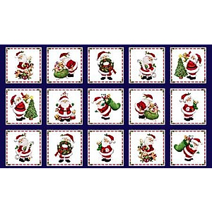 Cotton Fabric Christmas Santa Block Panel 24 x 44" - 4129MIDNIGHT 7 inch Square Blocks Cotton Fabric Panel