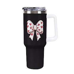 Valentines Day Heart Bow Insulated Tumblers with Handle Stainless Steel Coffee Mug Funny Travel Cup with Lid Straw 40oz