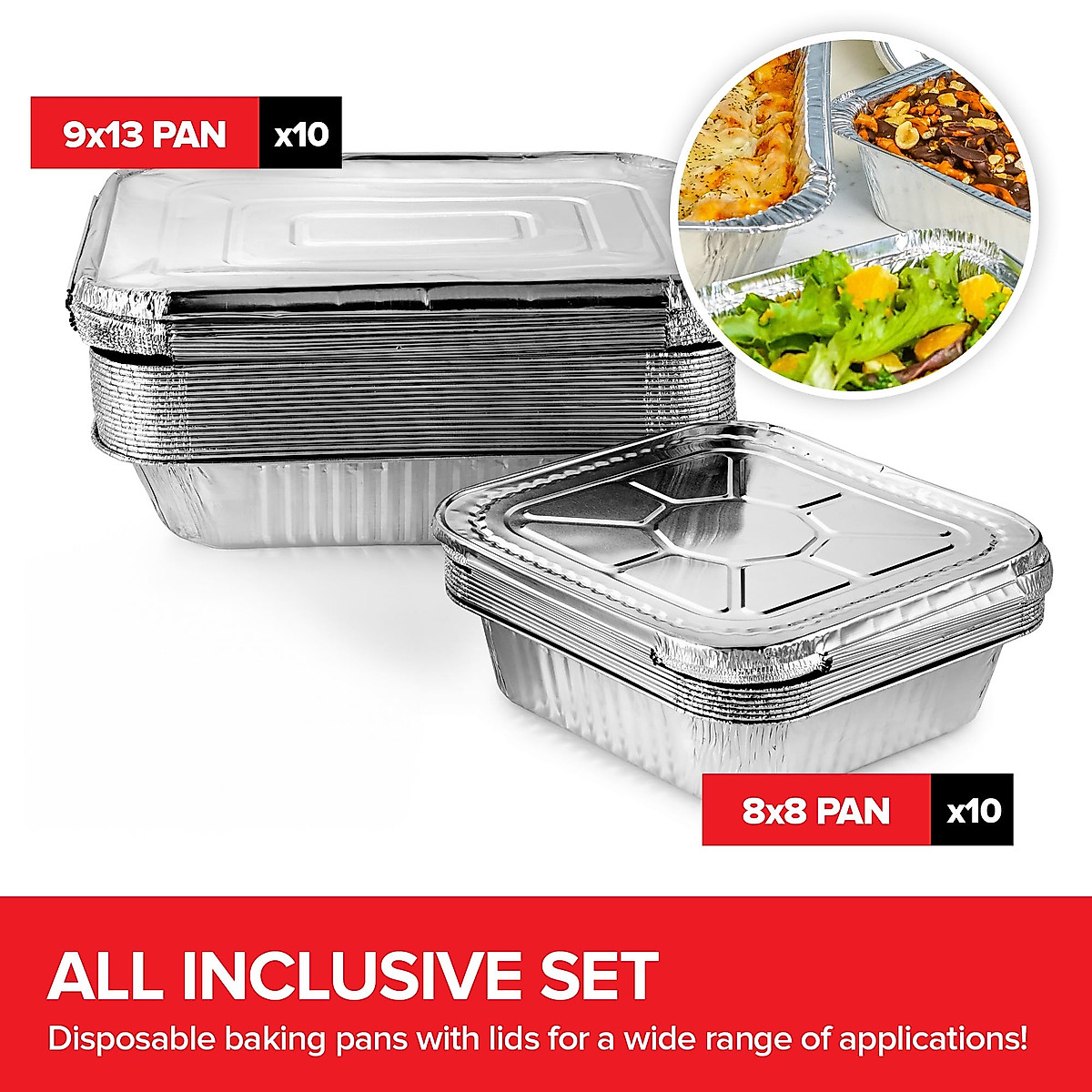 Disposable Foil Pans with Lids (Set of 20) Heavy Duty Aluminum Pans with Lids 9x13 (x10), 8x8 (x10) Baking Tins with Covers for Cooking, Heating, Storing, Food Prep, Holiday Dinner Meals