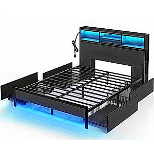 Rolanstar Queen Bed Frame with Storage Headboard, Metal Platform Bed with Charging Station, LED Bed Frame with 4 Drawers, Bookcase Storage, No Box Spring Needed, Easy Assembly, Noise-Free, Black