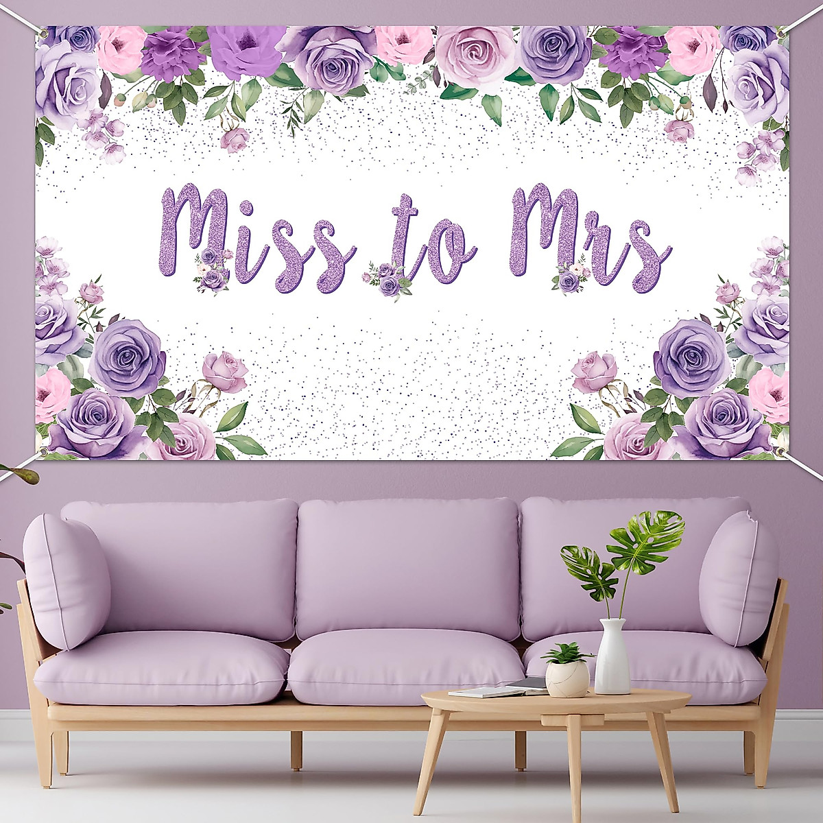 WATINC XtraLarge Miss to Mrs Bridal Shower Backdrop Banner Decorations, Purple Floral Rose Gold Glitters Confetti Decors, Wedding Bride to Be Engagement Party Photo Booth Prop for Indoor Outdoor Wall