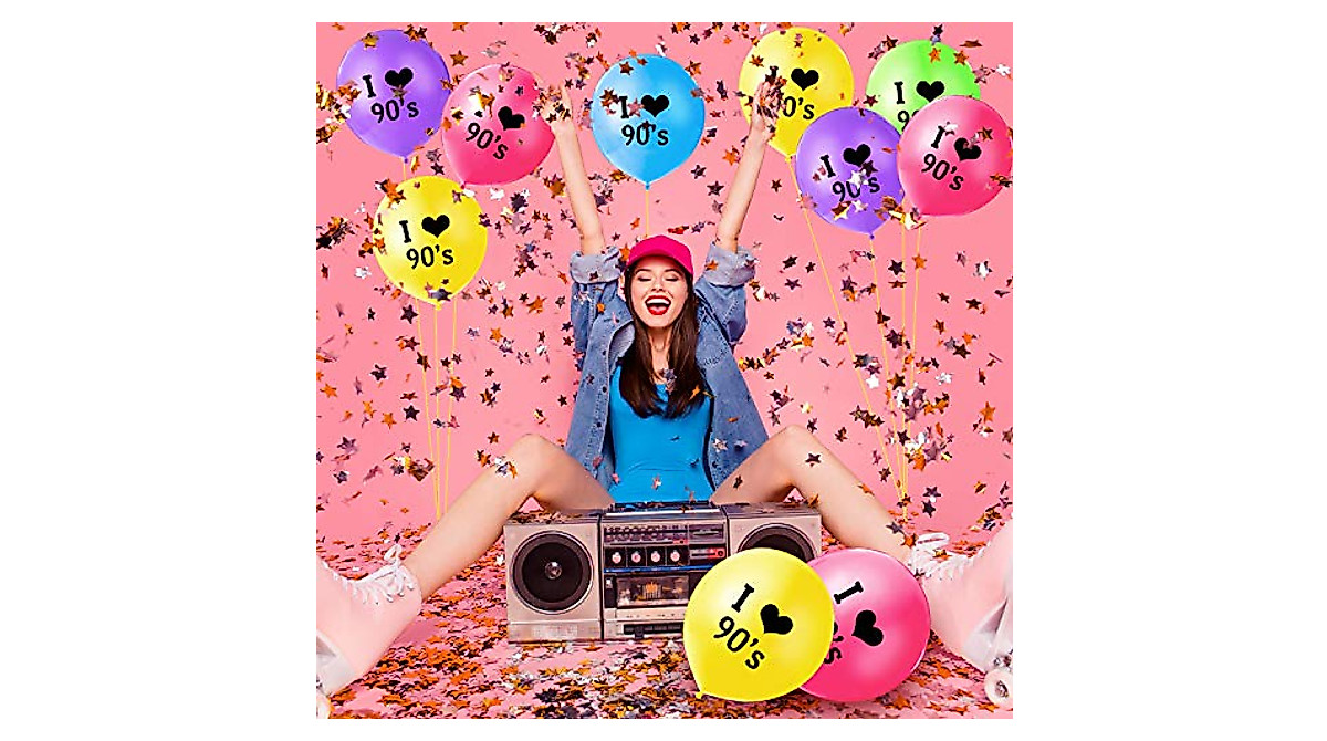 30 Pcs I Love 90s Balloons & Gold Ribbons | Throwback Party Decor
