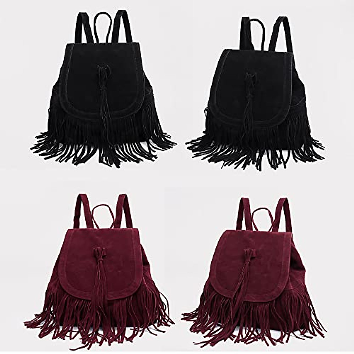 Womens Bucket Bag Drawstring Faux Suede Tassel Crossbody Shoulder Backpack (Black)