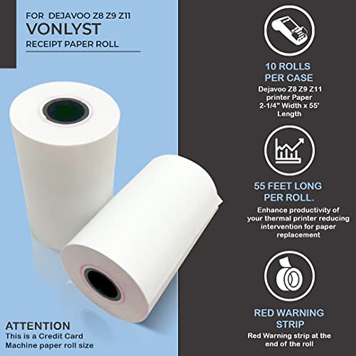 Vonlyst Credit Card Machine Paper Roll for Dejavoo Z8 Z9 Z11 (10 rolls)