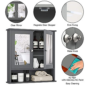 Salches Wall Mounted Bathroom 2 Mirrored Doors, Over-Toilet Hanging w/Shelves, Wooden Storage Organizer Medicine Cabinets, Grey