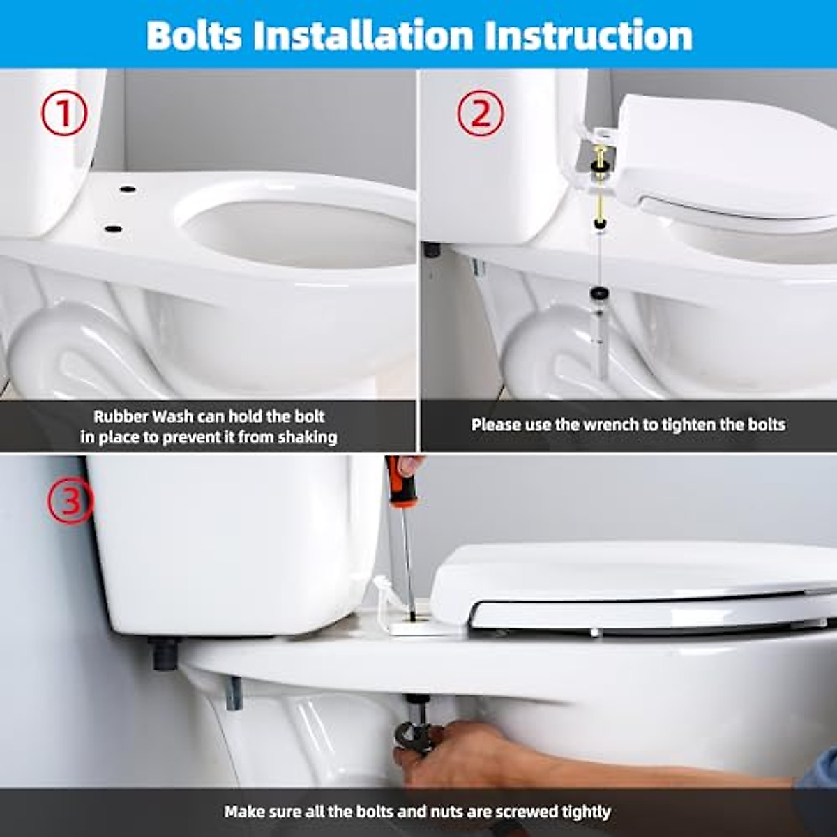Hibbent 2 PCS Universal Toilet Seat Bolts Kit, Heavy Duty Solid Brass Toilet Bolts with Extra Long Stainless Steel Downlock Nuts Rubber Washers Gaskets, Easy to Install - Bathroom Toilet Repair Screw