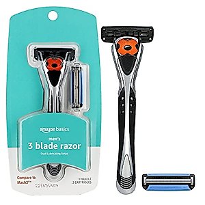 Amazon Basics 3-Blade Motion Sphere Razor for Men with Dual Lubrication, Handle & 2 Cartridges, Cartridges Fit Amazon Basics Razor Handles only, 3 Piece Set, Black (Previously Solimo)