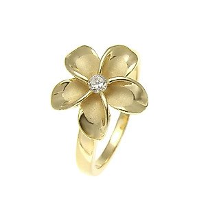 Arthur's Jewelry Yellow gold plated sterling silver 925 15mm Hawaiian plumeria flower cz ring size 7