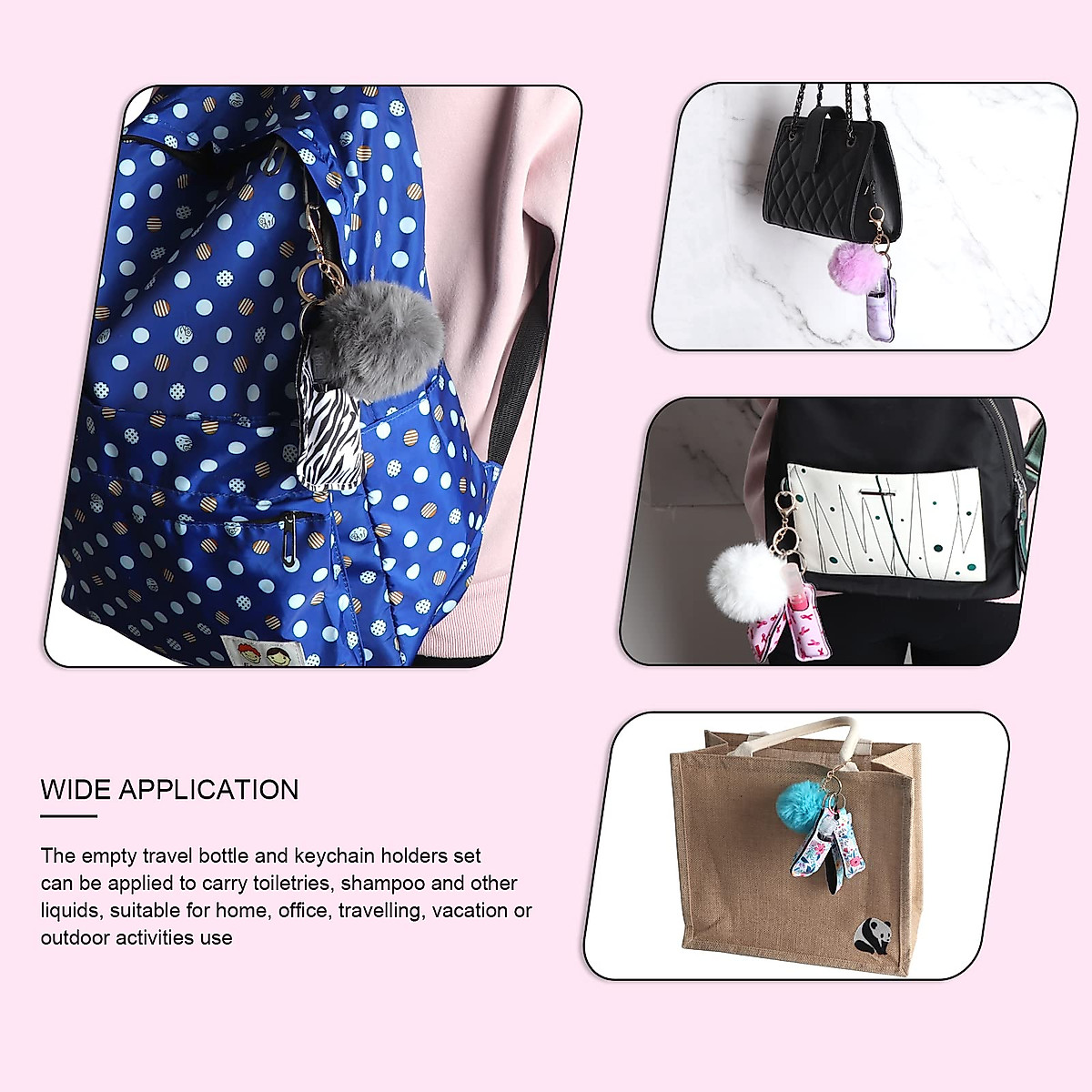 Manste 60Pcs Chapstick Holder Keychain Bulk,Travel Bottles with Keychain、Lipstick Holder Keychain、Fluffy Ball Keychain、Keychain Wristlet Lanyards、Colorful Pom Poms Keychains、Pompoms Keyring