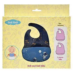GAJIGAJI Waterproof Silicone Baby Bibs Set of 2, Easy Clean Quick Drying Soft and Comfortable Feeding Bucket Bib, Keep Stain off (Astronaut&Gold Stamp)