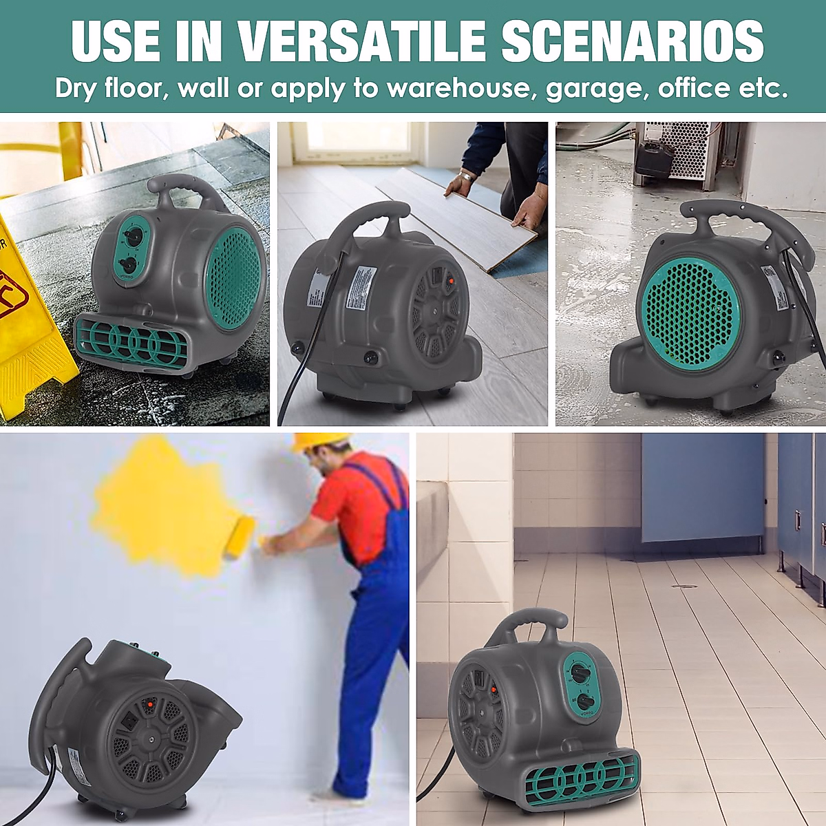 VORBO Air Mover, 1/4 HP 950 CFM, Carpet Dryer with Timer,3-Speed, Built-in Power Outlet, Floor Blower Fan for Carpet Drying, Home, Hotel, Shop