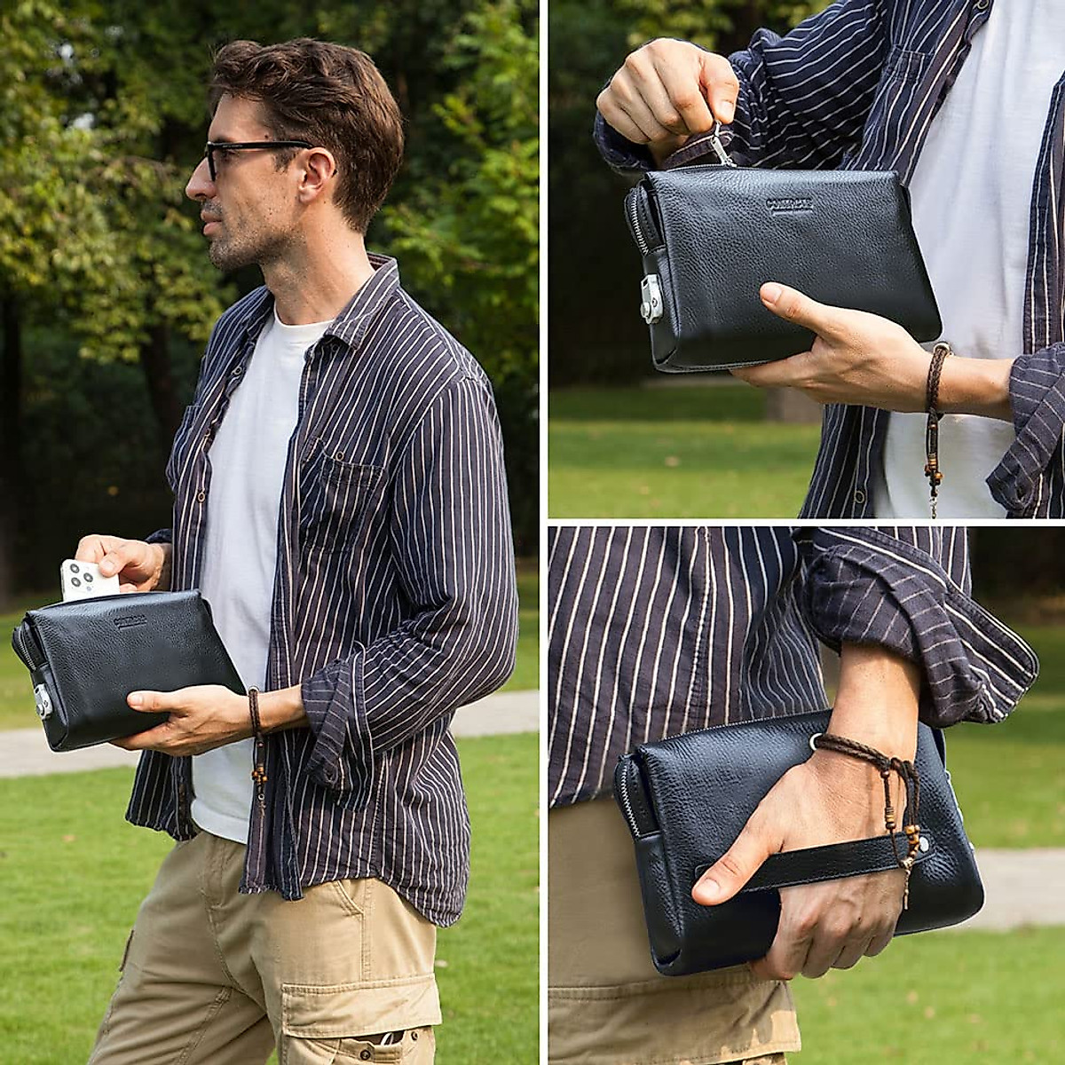 Contacts Clutch Purse Bag Leather for Men Anti Theft Wristlet Handbag Wallet Multiple Compartments Card Phone Holder Travel Bag