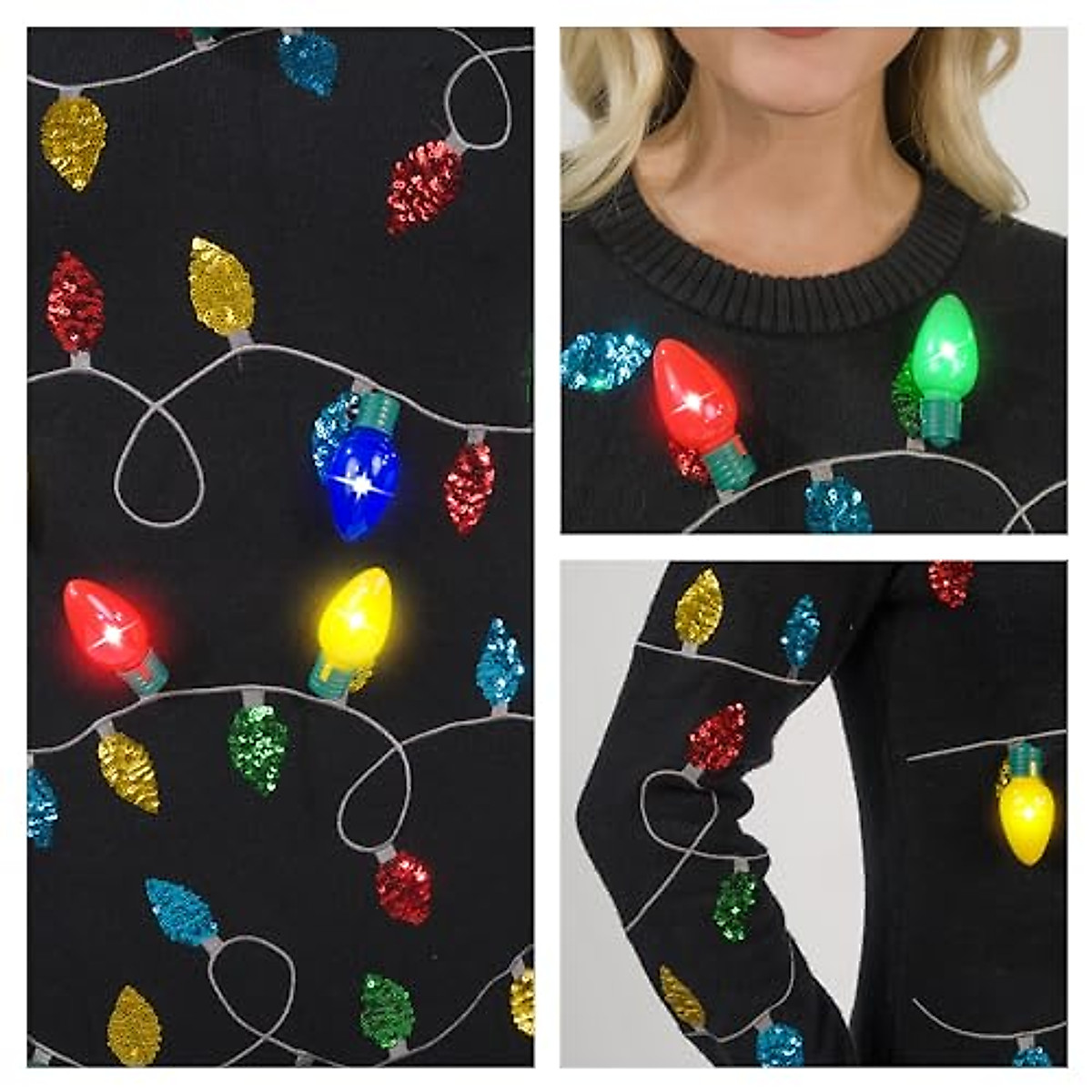 Giggling Getup Women's Black Long Christmas Dress with Colorful Light Up Bulbs, Cute Winter Themed Ugly Sweater, Light Bulb Xmas Dress