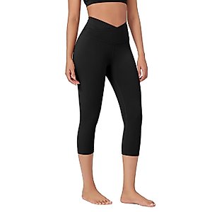 ODODOS Women's Cross Waist Yoga Capris with Inner Pocket, Inseam 19" Gathered Crossover Workout Cropped Yoga Pants, Black, Large