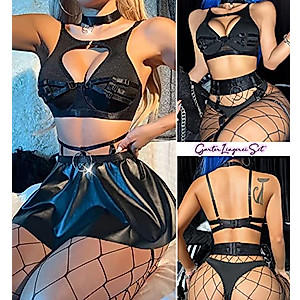 Avidlove Sexy Lingerie Set for Women with Underwire Bondaged Lingerie Set Strappy Push Up 5 Piece Garter Lingerie Set(No Stockings) Black