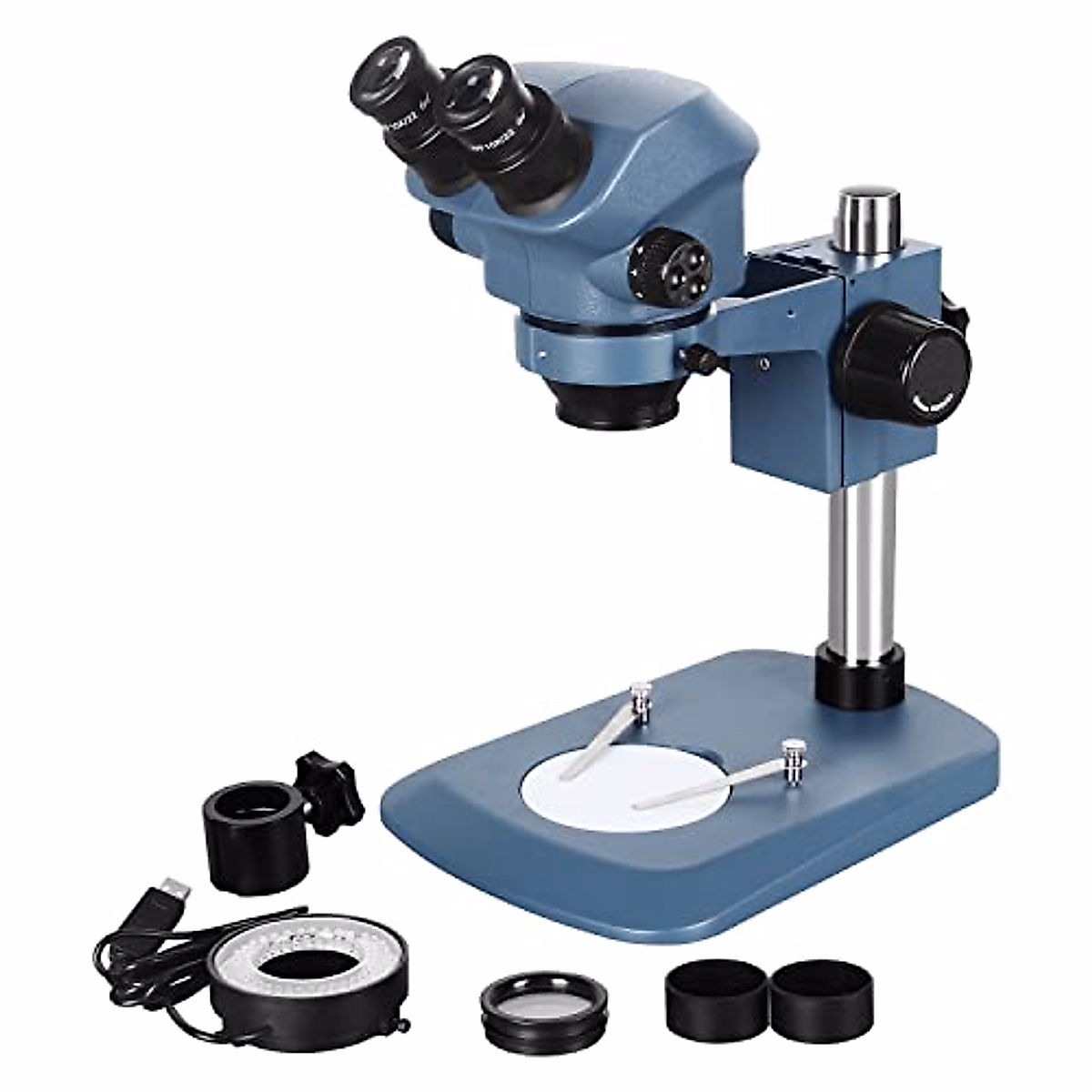 HengTianMei ZS7050 Profesional Binocular Stereo Microscope, WF10x/22 Eyepieces, 7X-50X Magnification, 0.7X-5X Objective, 72 LED Ring Light Illuminator, Adjustable Zoom and Focus Knobs