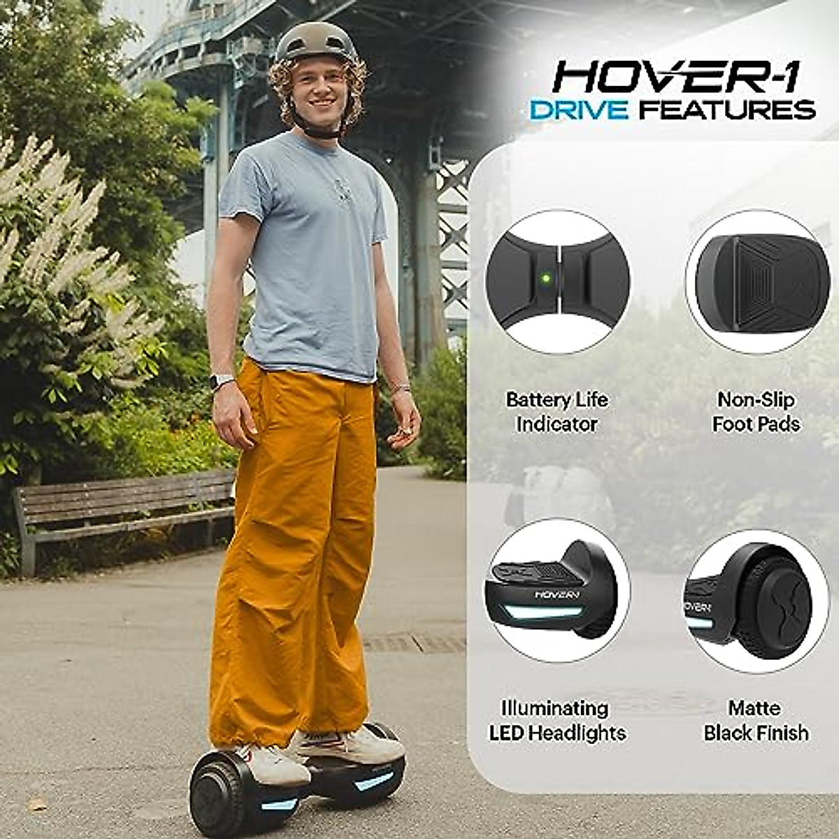 Hover-1 Drive Electric Hoverboard | 7MPH Top Speed, 3 Mile Range, Long Lasting Lithium-Ion Battery, 6HR Full-Charge, Path Illuminating LED Lights, Black