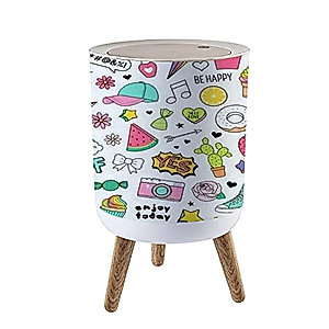 LGCZNWDFHTZ Small Trash Can with Lid for Bathroom Kitchen Office Diaper Cute Funny Doodles Seamless White Teenage Girls Bedroom Garbage Bin Dog Proof Waste Basket Decorative, 8.66x14.3inch