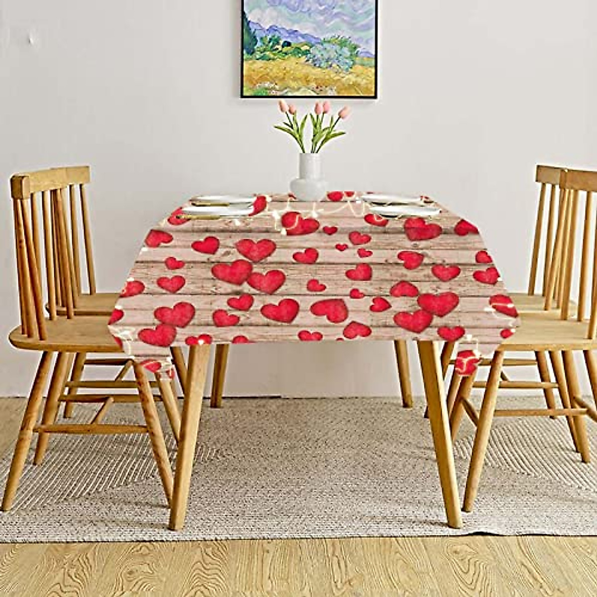 HQM Valentine's Day Table Top Collection Rectangle Fabric Red Love Classic Wooden Floor Tablecloth for Mother's Day Valentine's Day Wedding Home Kitchen Dining Decoration Table Runner 84x60inch