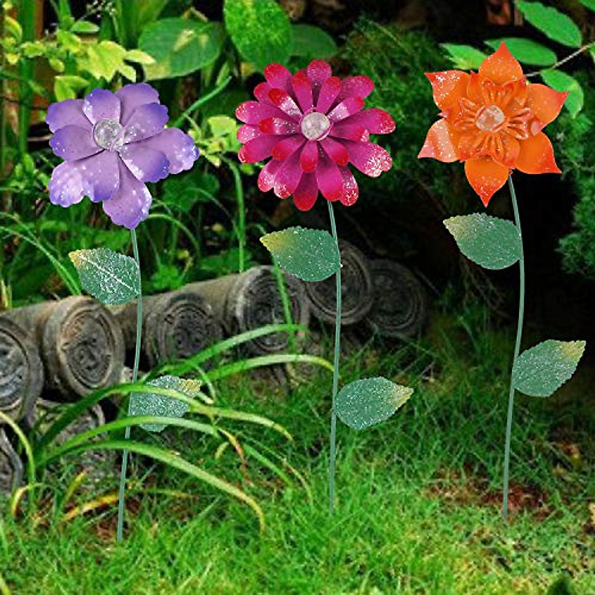 Floral Garden Stake Decor,Glow in Dark Outdoor Plant Pick Water Proof Metal Flower Stick for Lawn Yard Patio,Pathway Ornament,Set of 3