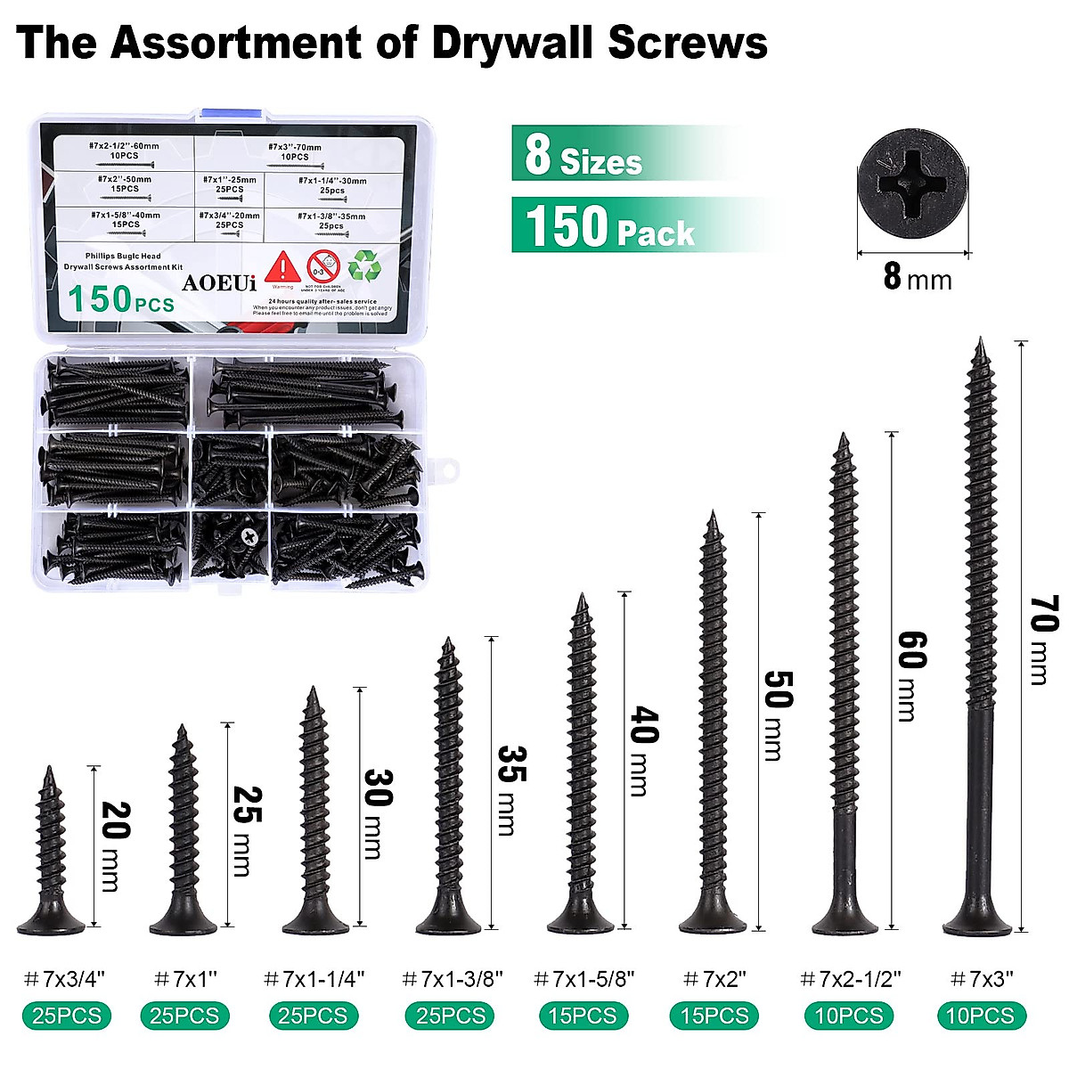 150PCS Drywall Screws, Premium Black Steel Machine Screws with Phillips Drive Device #7 Bugle Head, Black Steel Self-Tapping Screws, Wood Screw Kit, for Drywall Slate, Wood, Furniture Cabinet