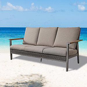 LOKATSE HOME Outdoor Wicker 3-Seat Couch Loveseat Patio Rattan Furniture Bench with Removable Thick Beige Cushions Steel Frame for Garden, Yard, Porch, Gray