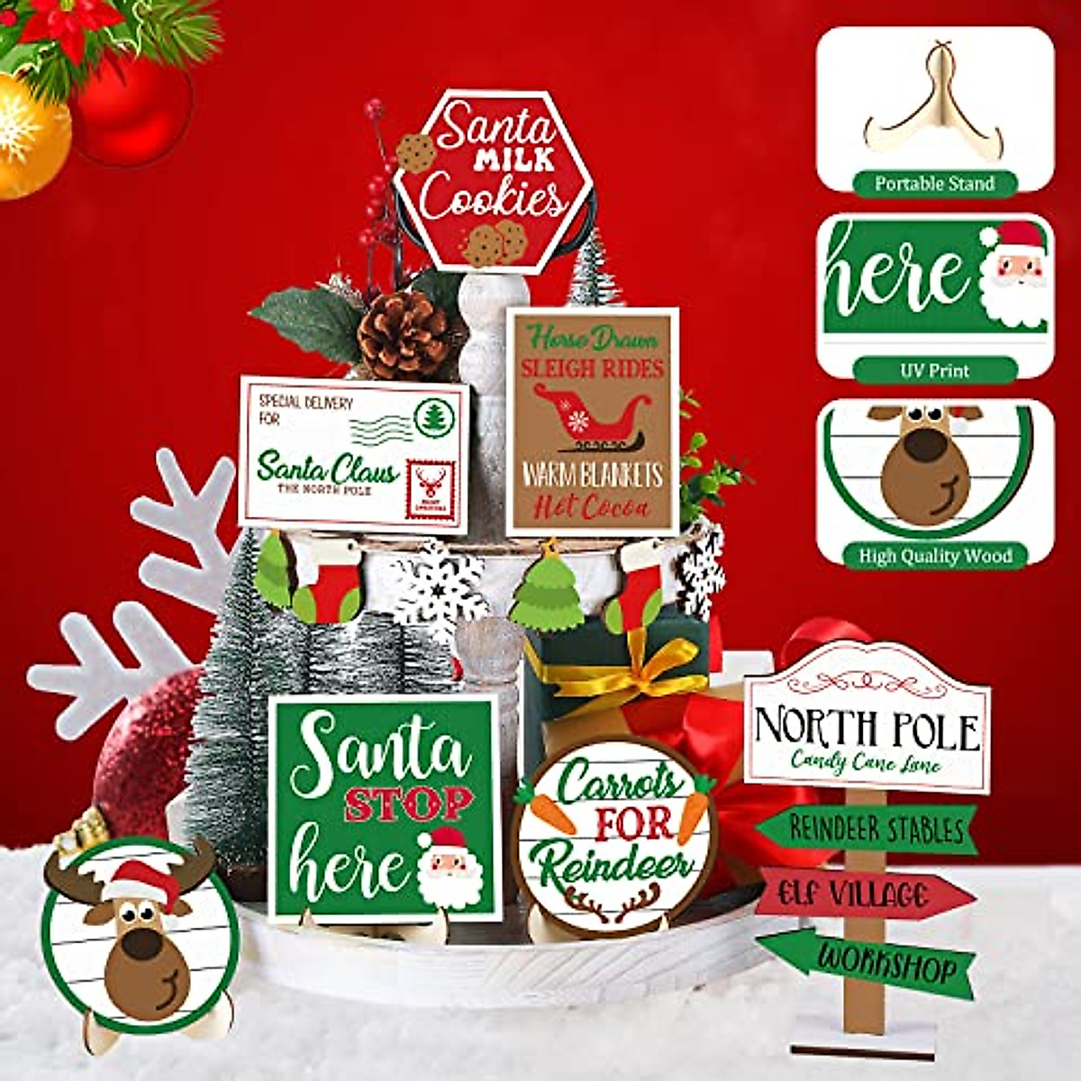 13 Pieces Winter Tiered Tray Decor Winter Table Farmhouse Centerpieces Decoration Elk Sled Tree Snowflake Wood Blocks Signs for Home Room Decor(Christmas Style)