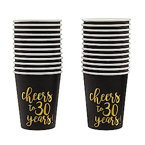 144-Piece Cheers to 30 Years Plates, Napkins, Cutlery, and Cups for Black and Gold 30th Birthday Party Supplies, Anniversary Decorations (Serves 24)