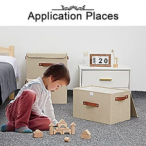 WLFRHD Fabric Storage Baskets with Lids 15x10x10 inches Collapsible Decorative Storage Boxes with Lids Closet Storage Bins Organizer Storage Works Fabric Storage Boxes with Handles for Toys Shelves Clothes (Khaki,3-Pack)
