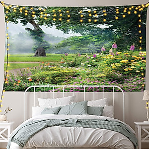 Ambesonne Garden Tapestry, Vibrant Colored Flowers and Trees in Park Morning Haze Foggy Weather Sunrise, Fabric Wall Hanging Decor for Bedroom Living Room Dorm, 90" X 60", Yellow Lilac