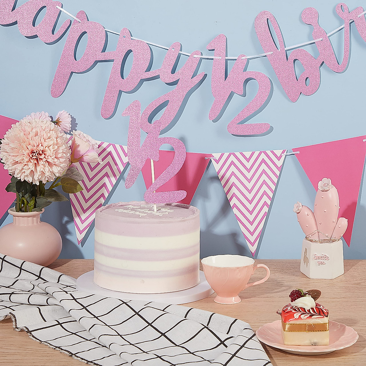 6 Months Banner Happy Birthday Banner Happy 1/2 Birthday Banner Glitter 1/2 Half Year Cake Topper Triangle Flag Banner for Half Year Baby Shower Birthday Party Decoration, Pre-strung (Pink)