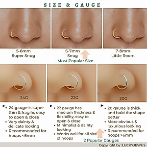 14k Gold Nose Rings Hoops for Women, 22 Gauge 6mm - 7mm Adjustable Nose Piercing Jewelry, Small Thin Gold Filled Snug Nose Hoop Ring 22G