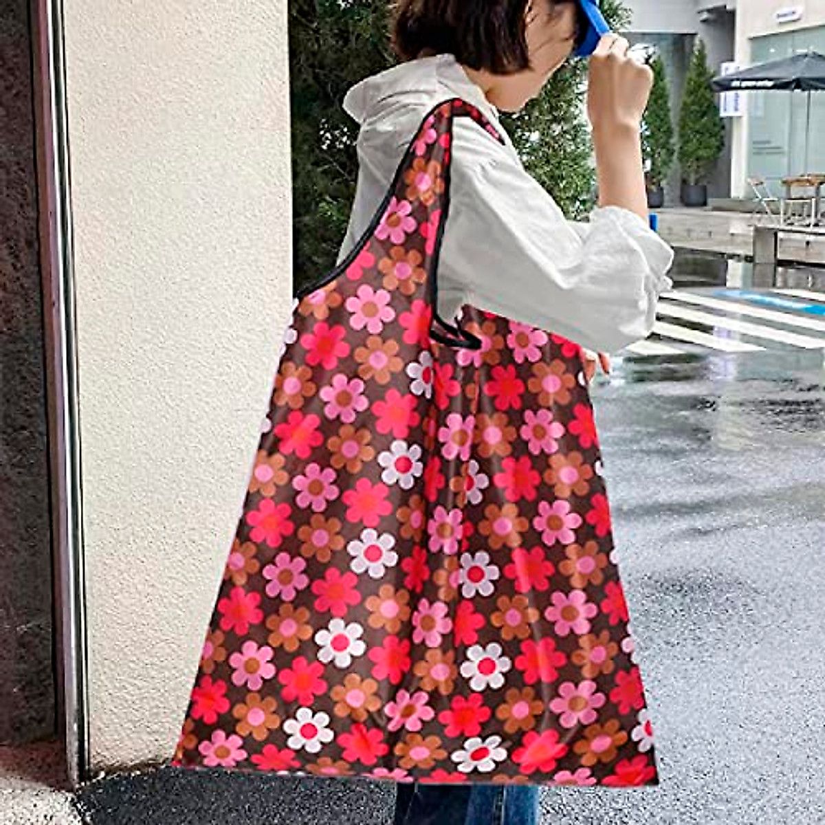 Elephant-package 6 Pcs Foldable Shopping Bags with Hook- Washable- Reusable Grocery Bags with Pouch Tote Bags (Cute Flower Design)