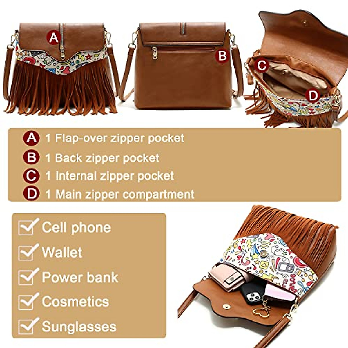 Sunwel Fashion Tassel Purse with Ethnic Print Hobo & Crossbody Handbag for Women Girls (black)