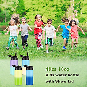 Kids Water Bottle with Straw Lid & Handle, 4 Pack 16oz Personalized Water Bottles Bulk, Dishwasher Safe, Leak Proof DIY Gift for Girls Boys to School Sports Travel Camping, Mixed Gradient Color Set