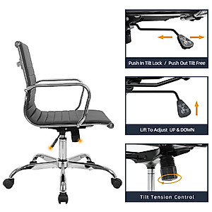 LANDSUN Home Office Chair Mid Back PU Leather Ribbed Swivel Tilt Adjustable Computer Desk Chair with Armrest Executive Conference Black