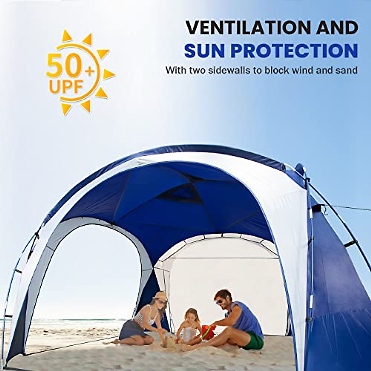 UNP Easy Beach Tent 12 X 12ft Pop Up Canopy UPF50+ Tent with Side Wall, Ground Pegs, and Stability Poles, Sun Shelter Rainproof, Waterproof for Camping Trips, Backyard Fun, Party Or Picnics(Blue)