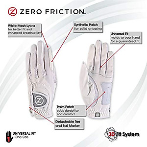 Zero Friction Ladies Compression-Fit Synthetic Golf Glove (2 Pack with Free Pack of tees), Universal Fit One Size, White/White